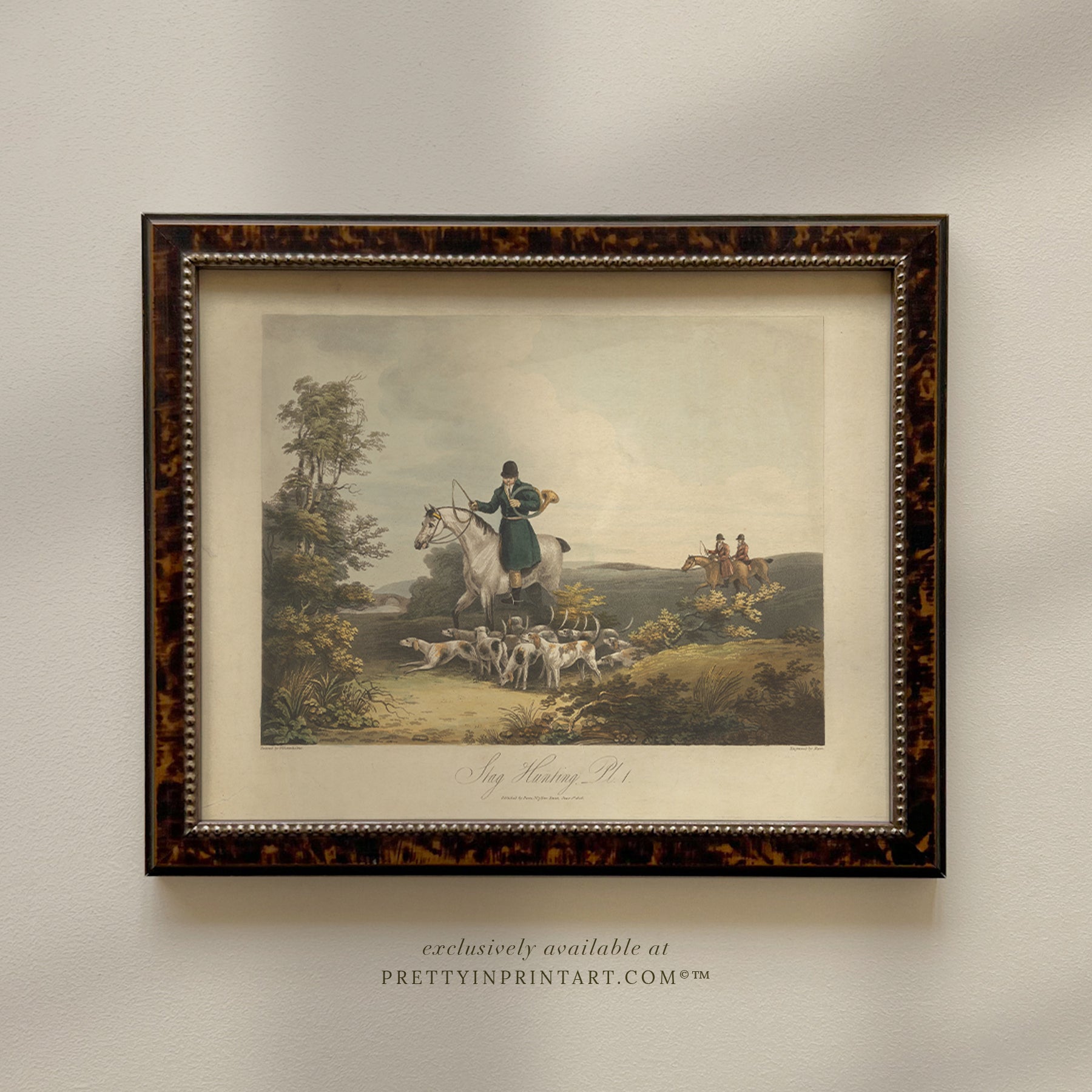 Framed Antique Hunting Scene Art – Vintage Wall Print in Tortoise Frame