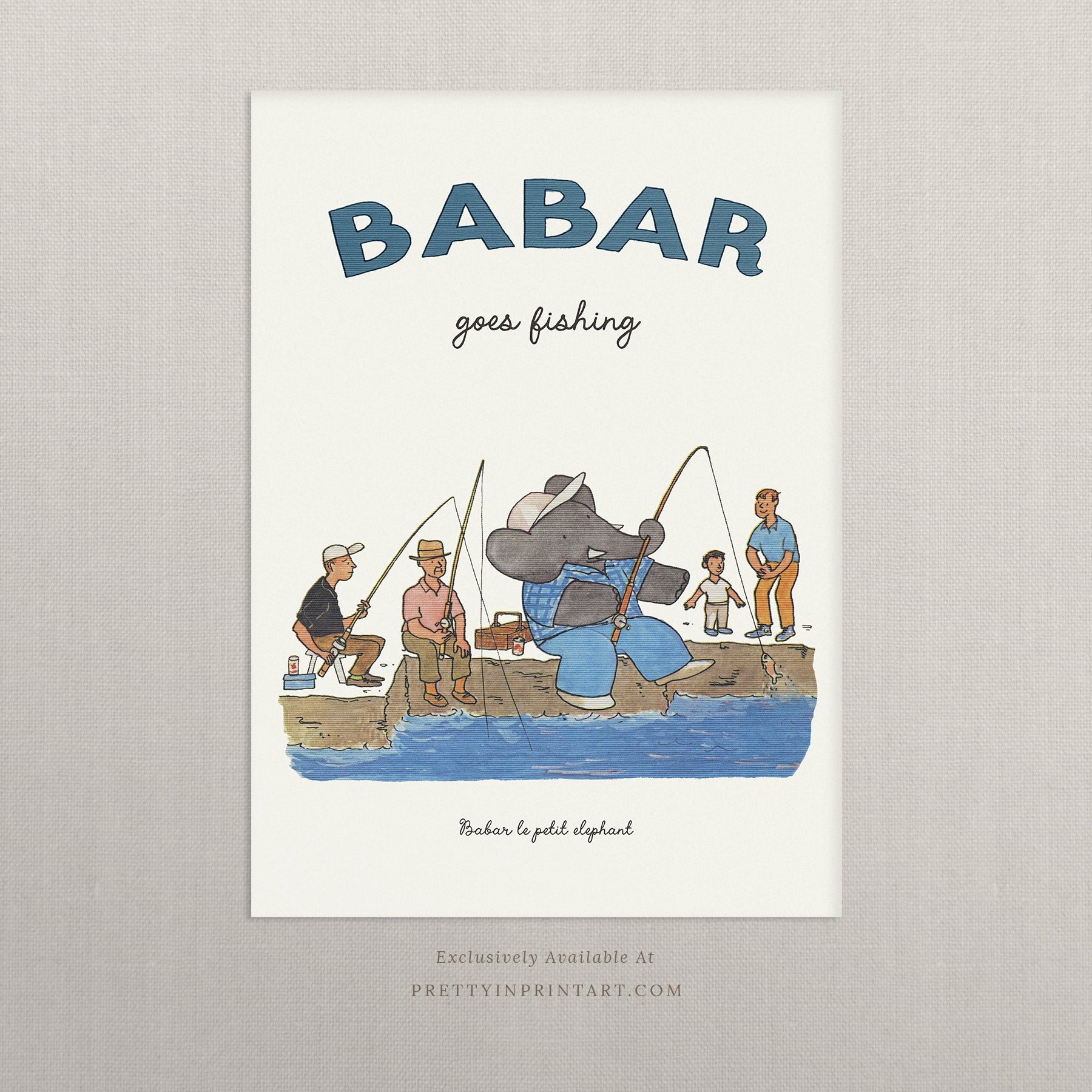 Unframed Babar Fishing Nursery Print | Elephant Nursery Wall Art for Kids