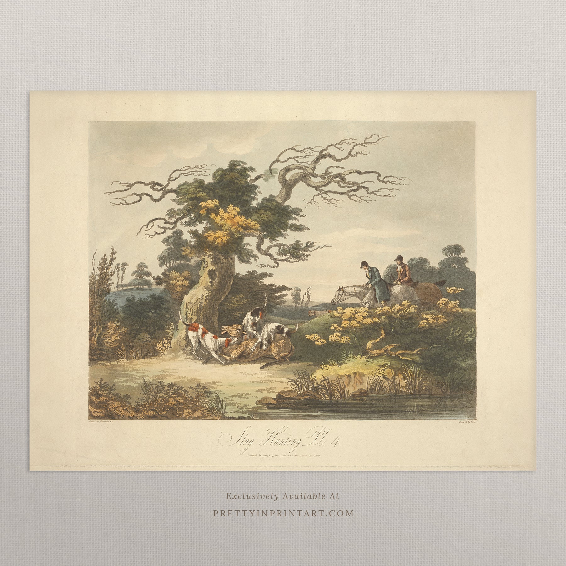 Unframed Vintage Hunting Scene Art Print – Antique Style Wall Art