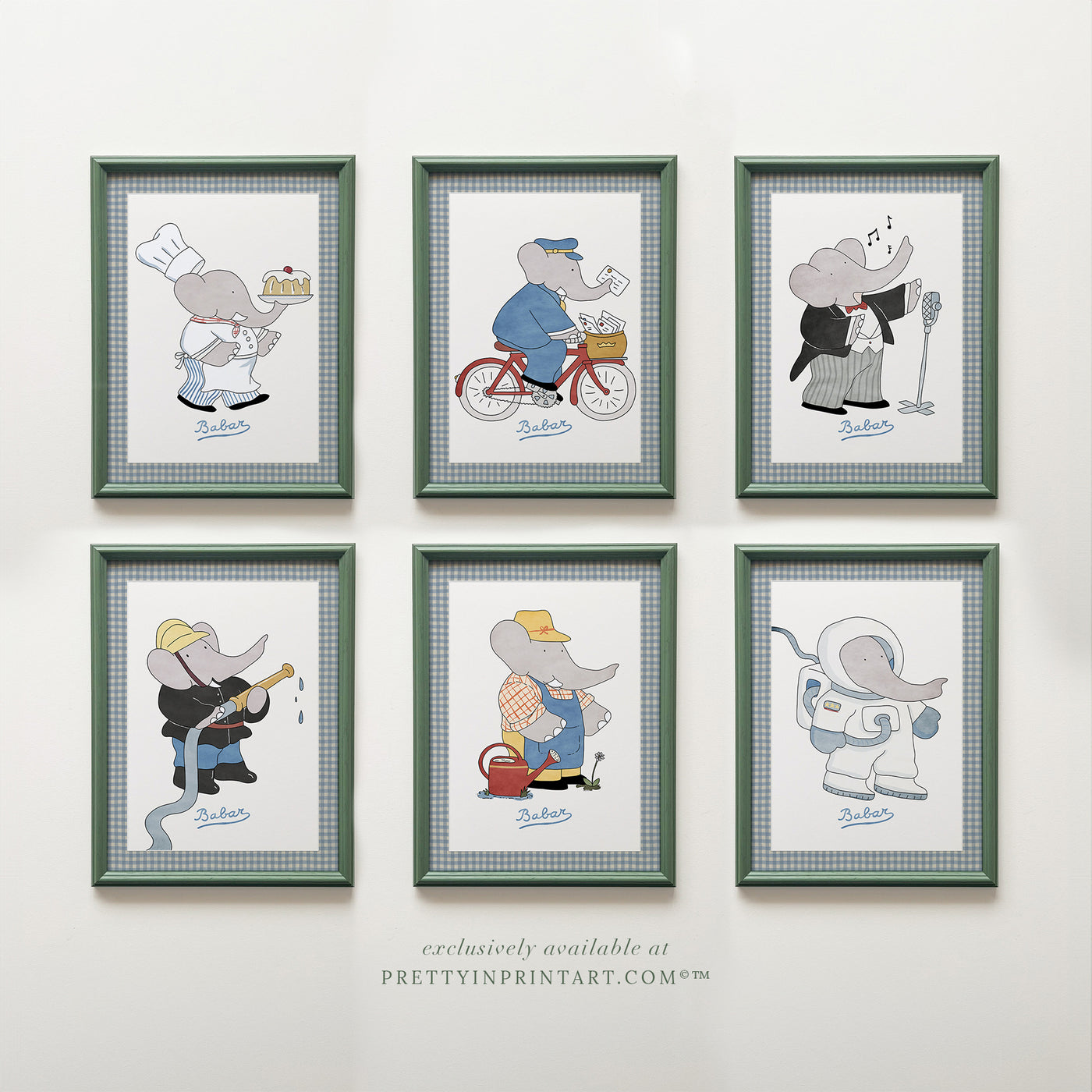 Babar Nursery Art (set of 6) | Framed (Calke Green Farrow & Ball 00303