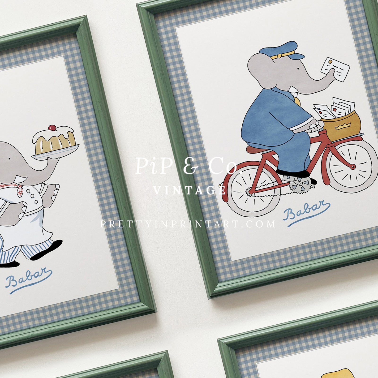 Babar Nursery Art (set of 6) | Framed (Calke Green Farrow & Ball 00303