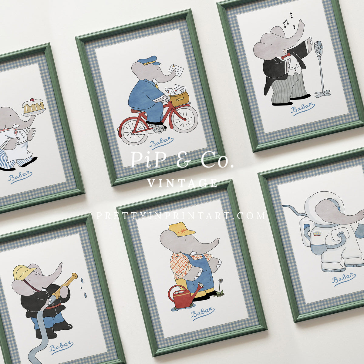 Babar Nursery Art (set of 6) | Framed (Calke Green Farrow & Ball 00303