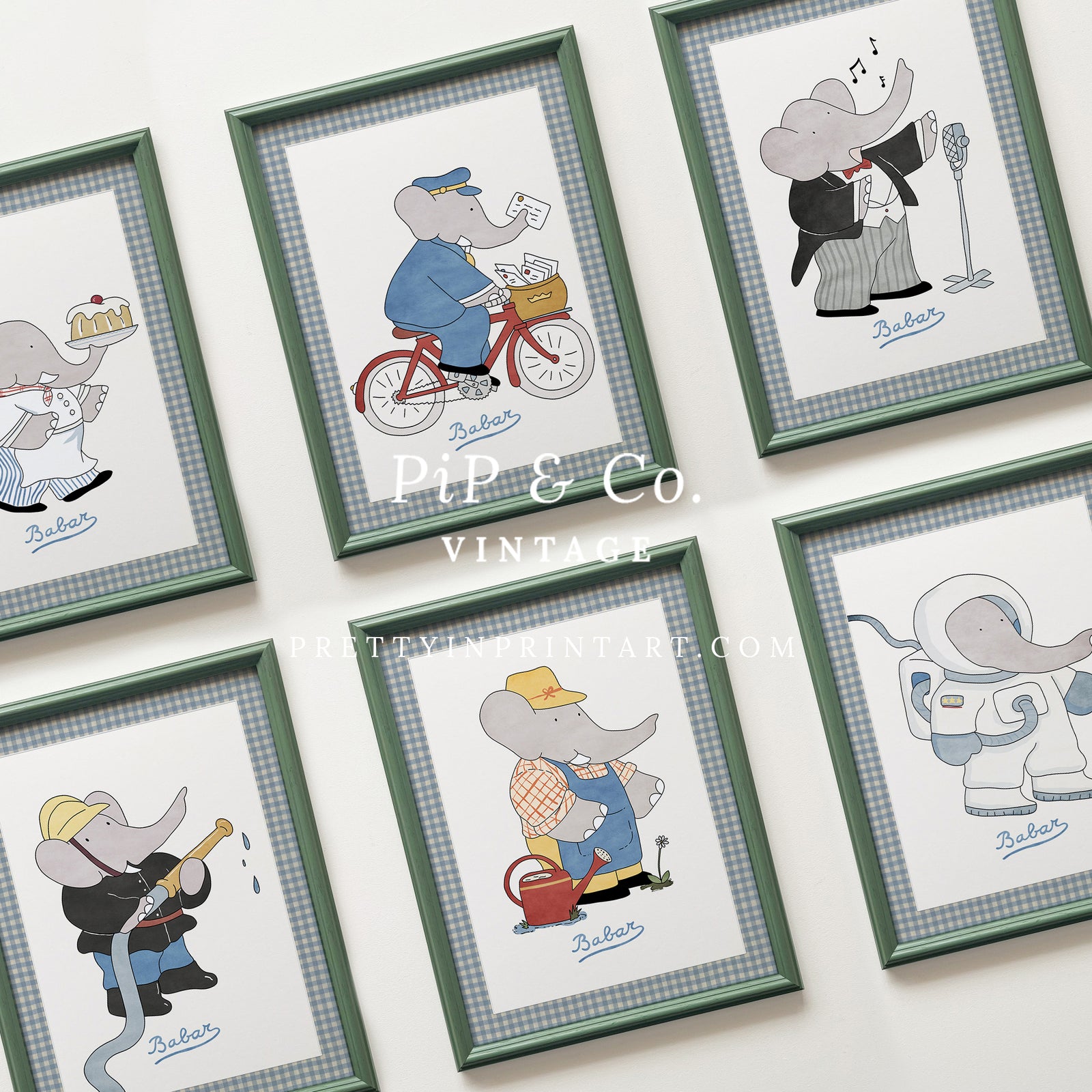 Babar Nursery Art (set of 6) | Framed (Calke Green Farrow & Ball 00303